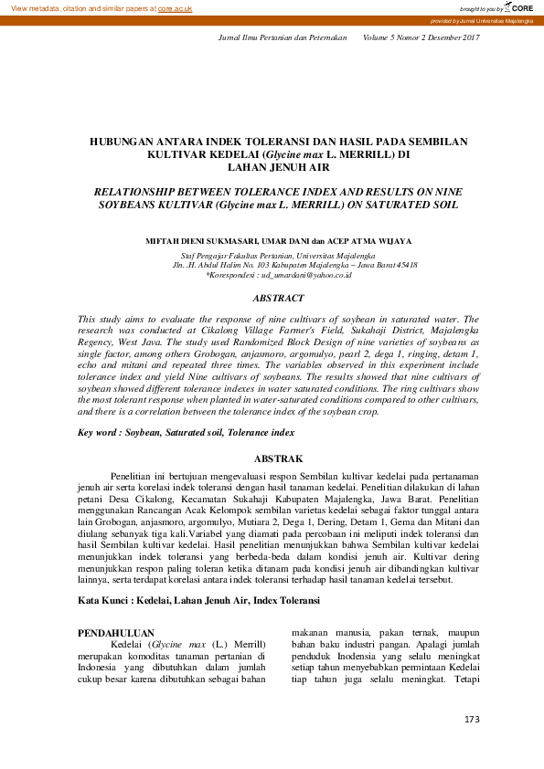 (PDF) HUBUNGAN ANTARA INDEK TOLERANSI DAN HASIL PADA SEMBILAN KULTIVAR KEDELAI (Glycine max L ...