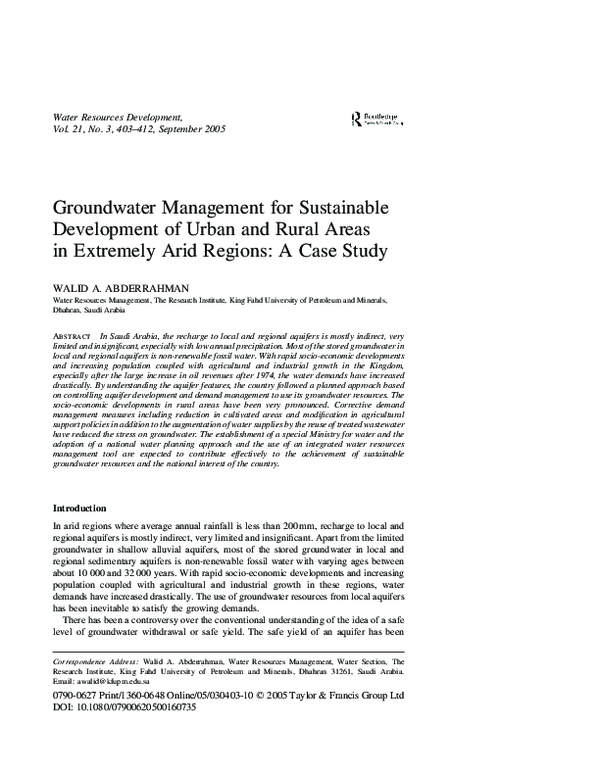 Pdf Groundwater Management For Sustainable Development Of Urban And
