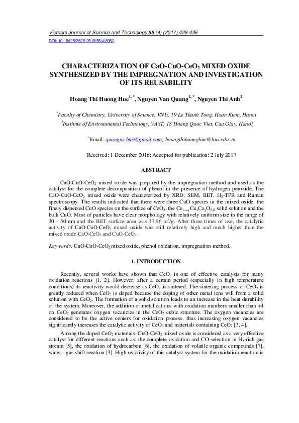 (PDF) CHARACTERIZATION OF CaO-CuO-CeO2 MIXED OXIDE SYNTHESIZED BY THE ...