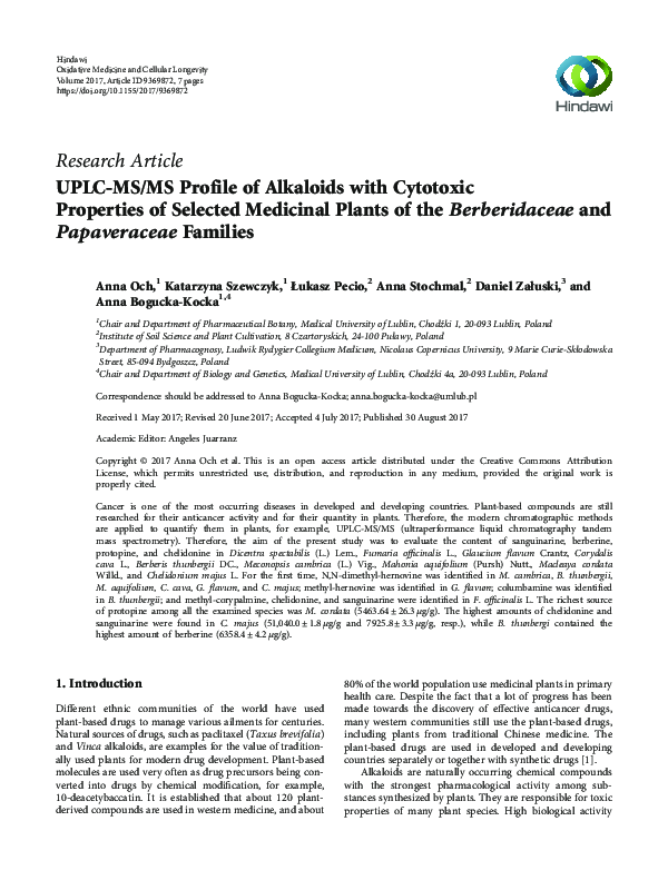 (PDF) UPLC-MS/MS Profile of Alkaloids with Cytotoxic Properties of Selected Medicinal Plants of ...