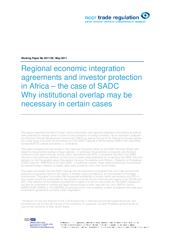 (PDF) Regional economic integration agreements and investor protection in Africa – the case of SADC