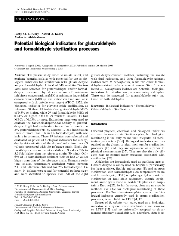 (PDF) Potential biological indicators for glutaraldehyde and formaldehyde sterilization processes