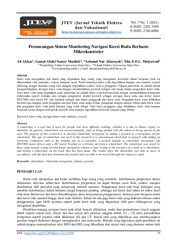 Pdf Perancangan Sistem Monitoring Navigasi Kursi Roda Berbasis Mikrokontroler
