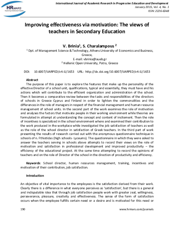 (PDF) Improving effectiveness via motivation: The views of teachers in ... (PDF) Improving effectiveness via motivation: The views of teachers in ...