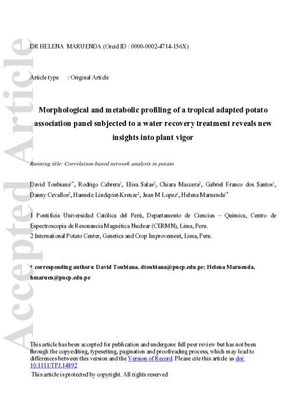 (PDF) Tropical Potato Vigor Under Water Recovery
