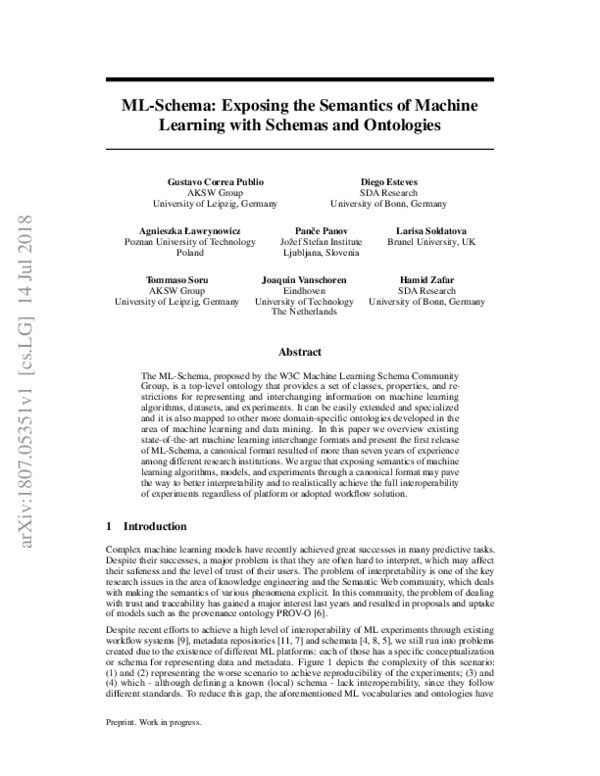 (PDF) ML-Schema: Exposing the Semantics of Machine Learning with Schemas and Ontologies