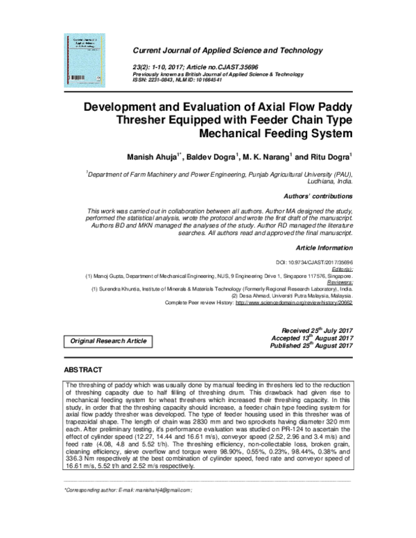 (PDF) Development and Evaluation of Axial Flow Paddy Thresher Equipped ...