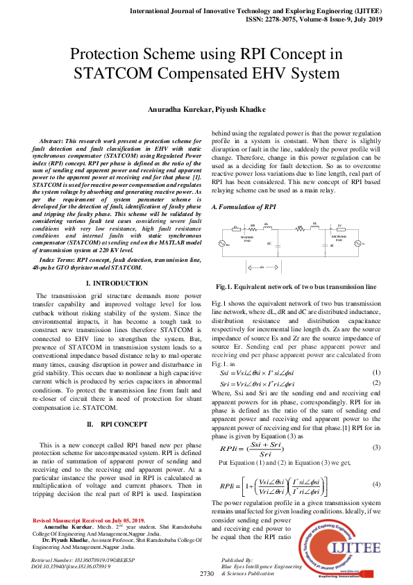 Pdf Protection Scheme Using Rpi Concept In Statcom Compensated Ehv System Anuradha Kurekar
