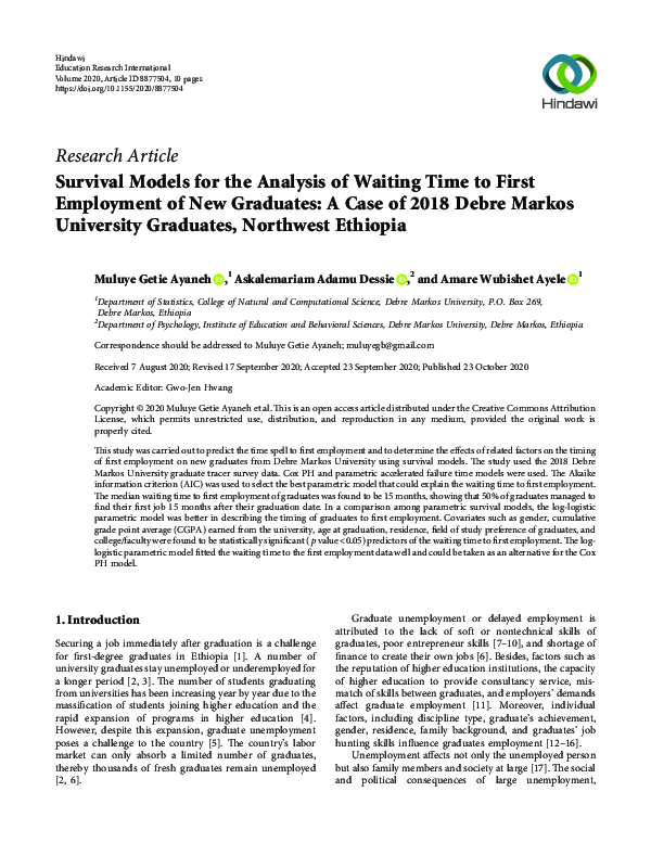 (PDF) Survival Models for the Analysis of Waiting Time to First ...