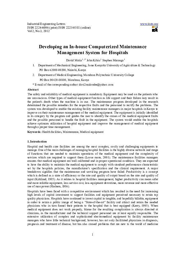 (PDF) Developing an In-house Computerized Maintenance Management System for Hospitals