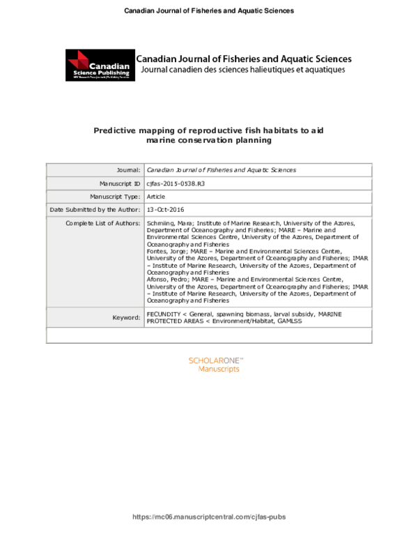 (PDF) Predictive mapping of reproductive fish habitats to aid marine conservation planning