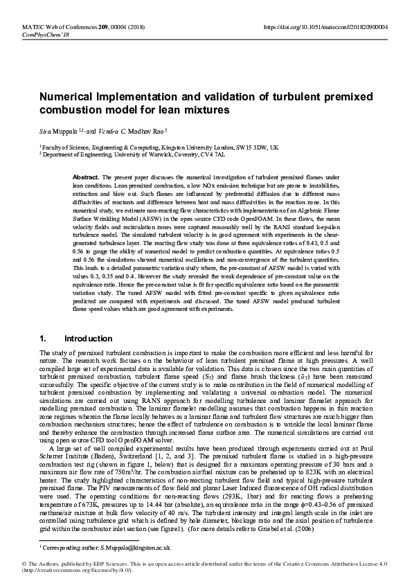 (PDF) Numerical Implementation and validation of turbulent premixed combustion model for lean ...