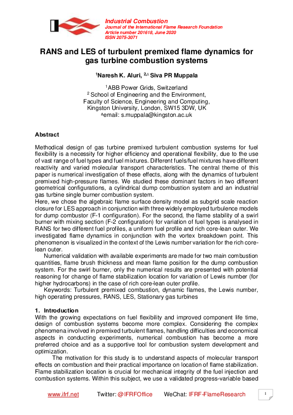 (PDF) RANS and LES of turbulent premixed flame dynamics for gas turbine combustion systems