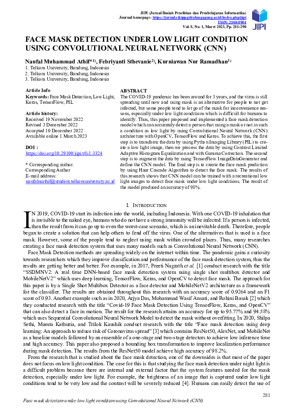 (PDF) Face Mask Detection Under Low Light Condition Using Convolutional Neural Network (CNN)