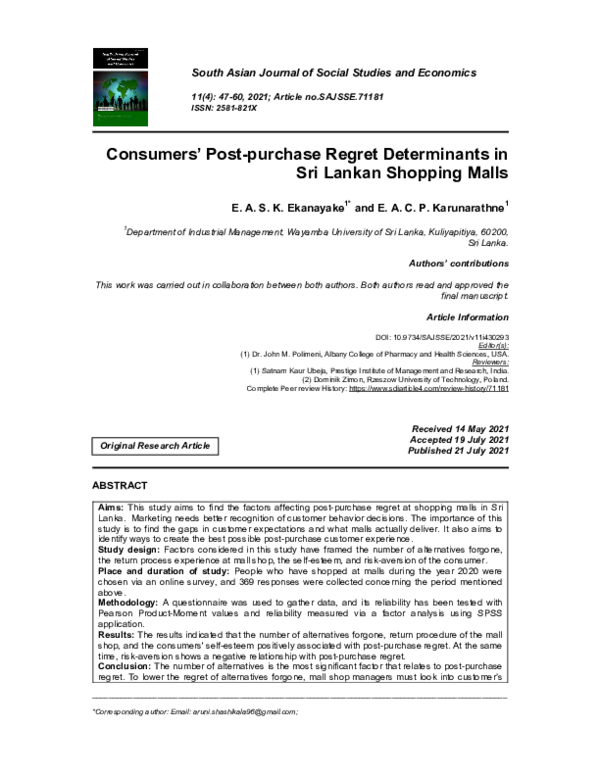 (PDF) Consumers' Post-purchase Regret Determinants in Sri Lankan Shopping Malls