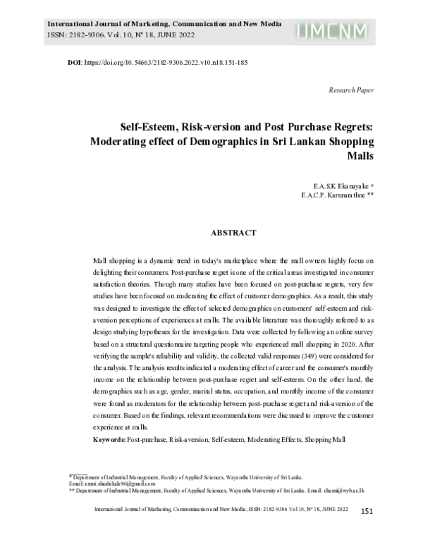 (PDF) Self-Esteem, Risk-version and Post Purchase Regrets: Moderating ...