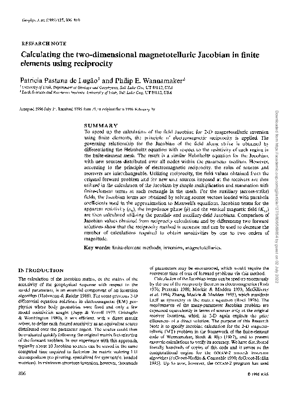(PDF) Calculating the two-dimensional magnetotelluric Jacobian in ...