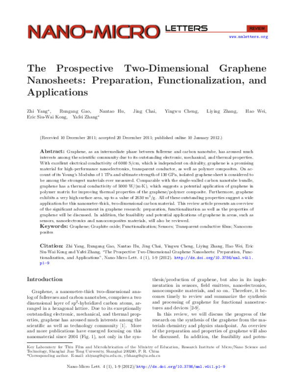 (PDF) The Prospective Two-Dimensional Graphene Nanosheets: Preparation, Functionalization and ...