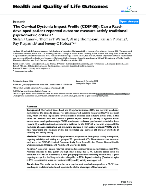 (PDF) The Cervical Dystonia Impact Profile (CDIP-58): Can a Rasch ...