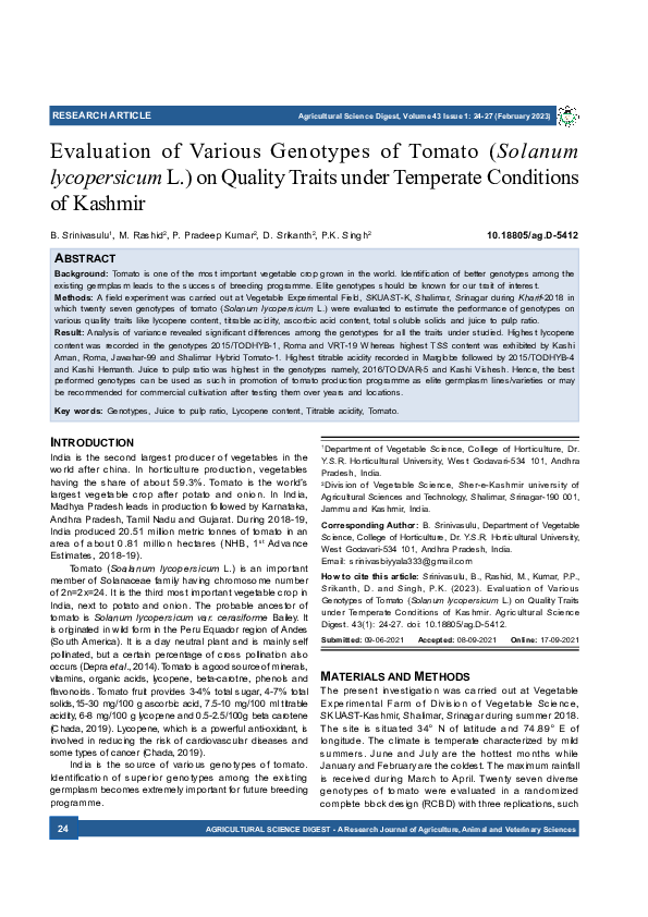 (PDF) Evaluation of Various Genotypes of Tomato (Solanum lycopersicum L.) on Quality Traits ...