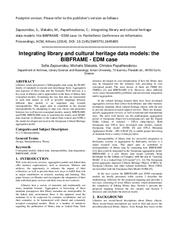 (PDF) Integrating library and cultural heritage data models