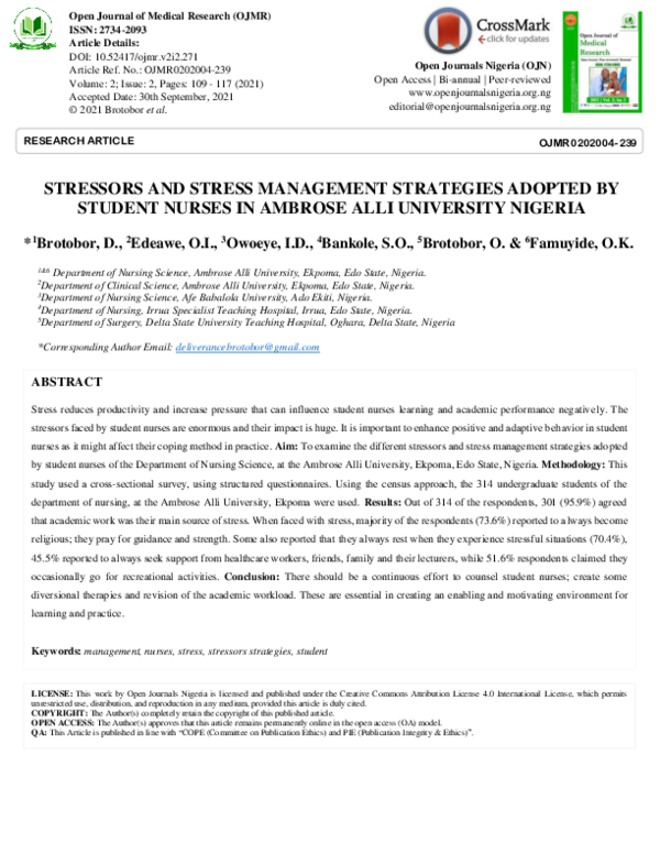 (PDF) Stressors and Stress Management Strategies Adopted by Student Nurses in Ambrose Alli ...