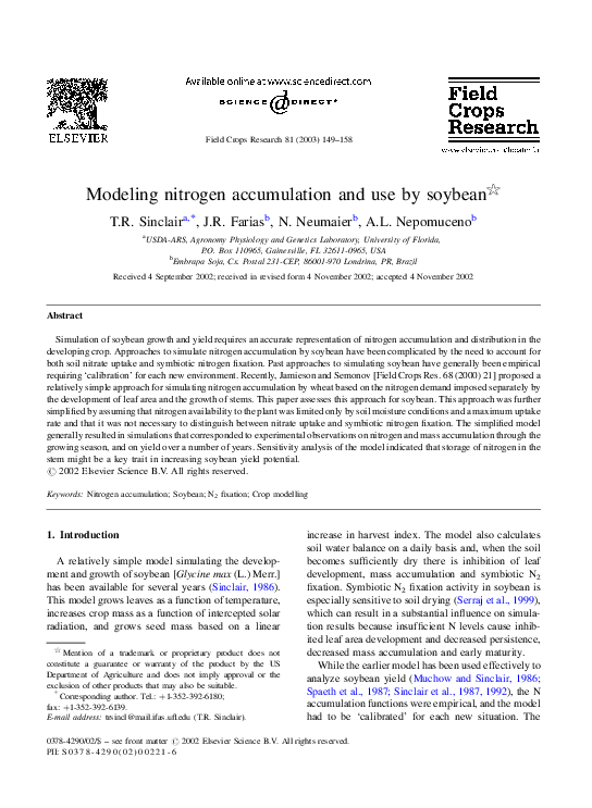 (PDF) Modeling nitrogen accumulation and use by soybean