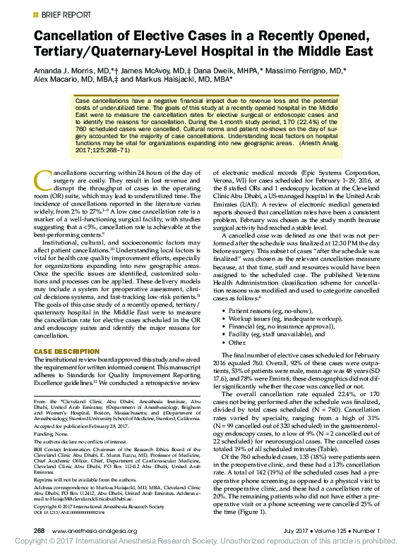 (PDF) Cancellation of Elective Cases in a Recently Opened, Tertiary ...