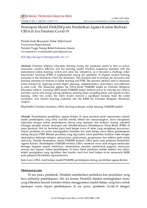 (PDF) Penerapan Model PAIKEM Pada Pendidikan Agama Kristen Berbasis CBSA Di Era Pandemi Covid-19