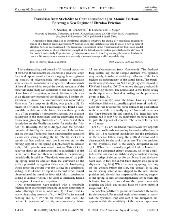 (PDF) Transition from Stick-Slip to Continuous Sliding in Atomic ...