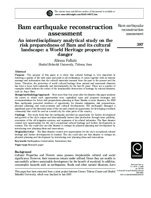 (PDF) Bam earthquake reconstruction assessment | Alireza Fallahi ...