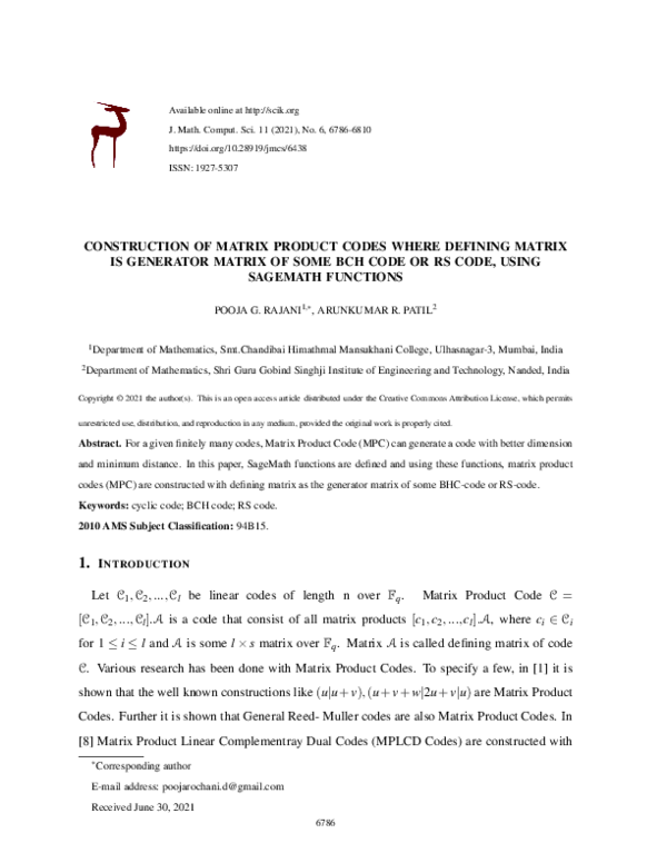 (PDF) Construction of matrix product codes where defining matrix is ...