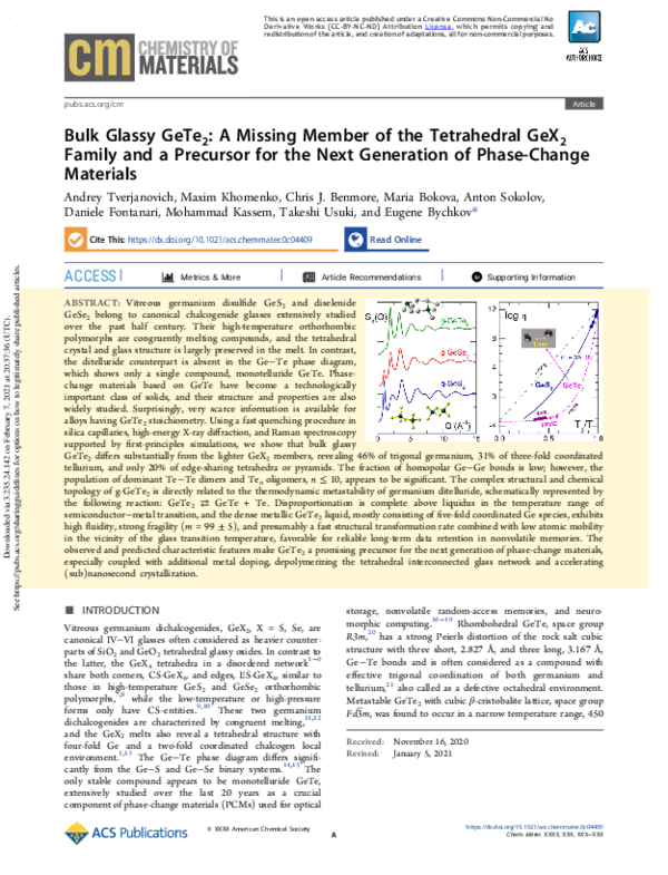 (PDF) Bulk Glassy GeTe2: A Missing Member of the Tetrahedral GeX2 ...