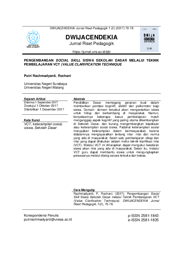 (PDF) Pengembangan Social Skill Siswa Sekolah Dasar Melalui Teknik Pembelajaran VCT (Value ...