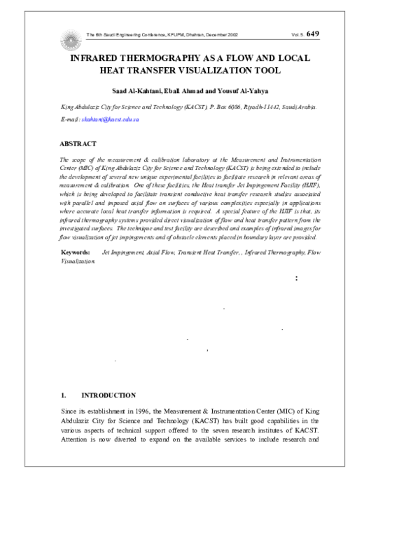 (PDF) Infrared Thermography as a Flow and Local Heat Transfer Visualization Tool | Eball Ahmad ...