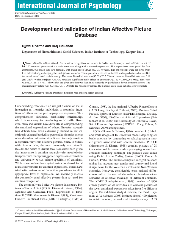 (PDF) Development and validation of Indian Affective Picture Database