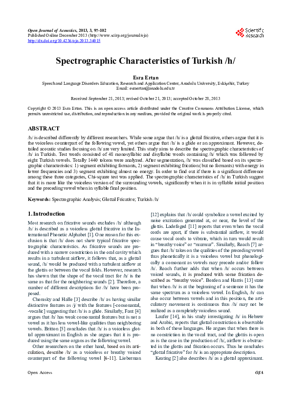 (PDF) Spectrographic Characteristics of Turkish /h/