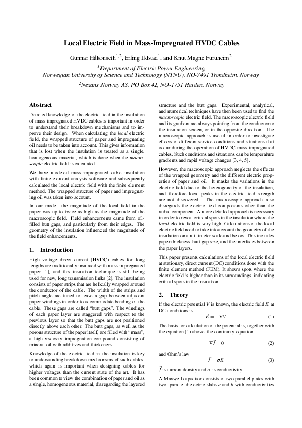 Pdf Local Electric Field In Mass Impregnated Hvdc Cables
