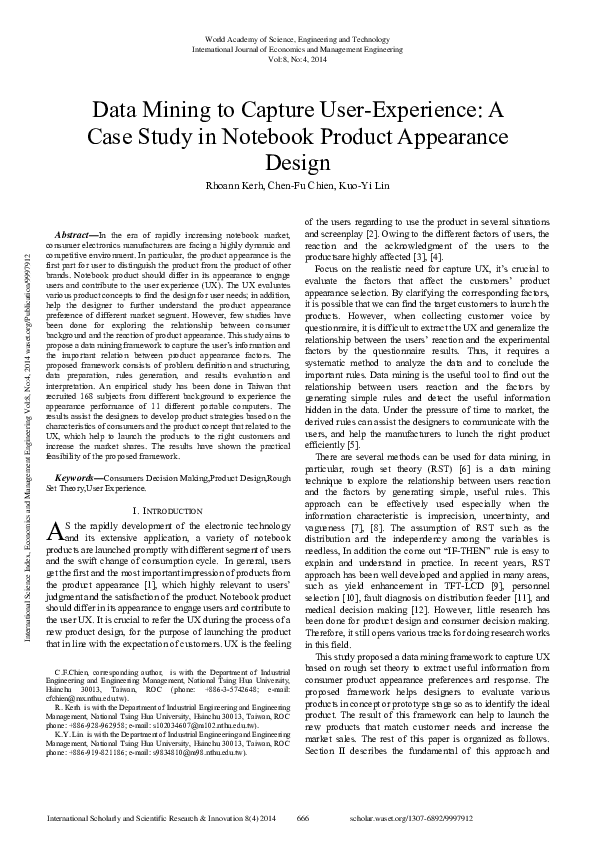 (PDF) Data Mining To Capture User-Experience: A Case Study In Notebook Product Appearance Design