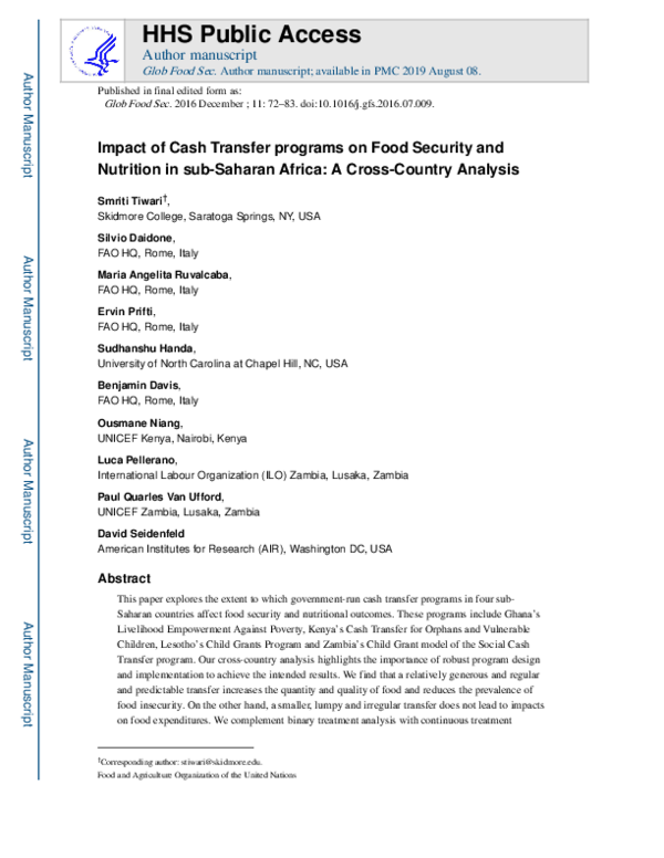 (PDF) Impact of cash transfer programs on food security and nutrition ...