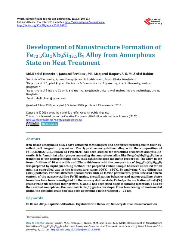 (PDF) Development of Nanostructure Formation of Fe 73.5 Cu 1 Nb 3 Si 13 ...