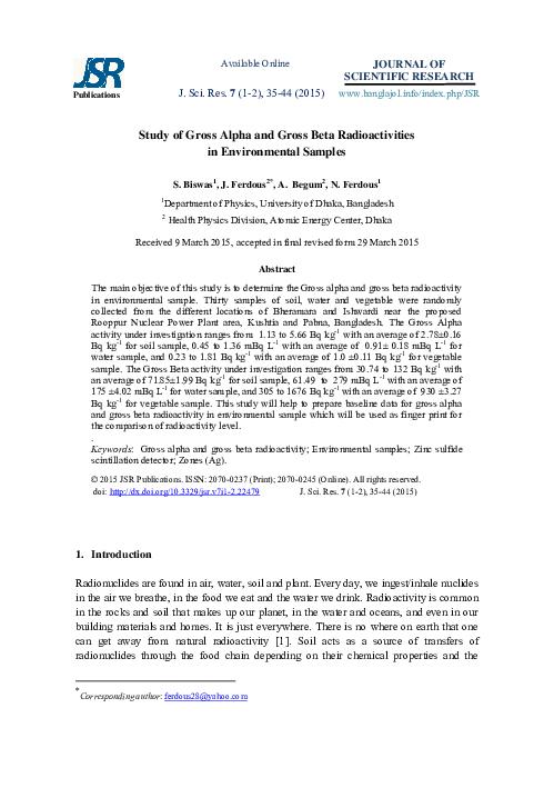 (PDF) Study of Gross Alpha and Gross Beta Radioactivity in ...