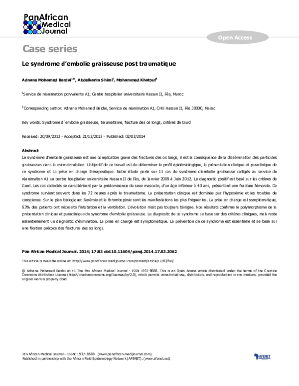 (PDF) Le syndrome d’embolie graisseuse post traumatique