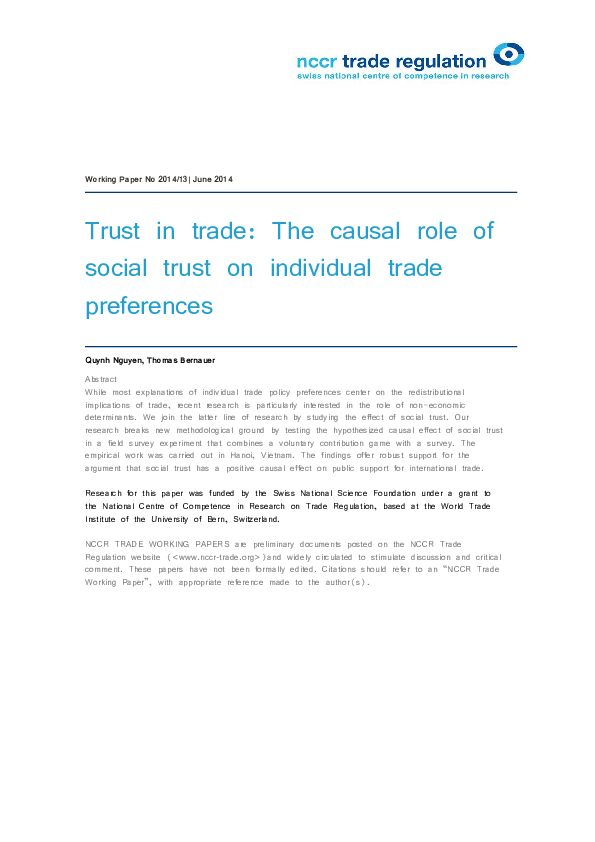 (PDF) Trust in trade: The causal role of social trust on individual ...