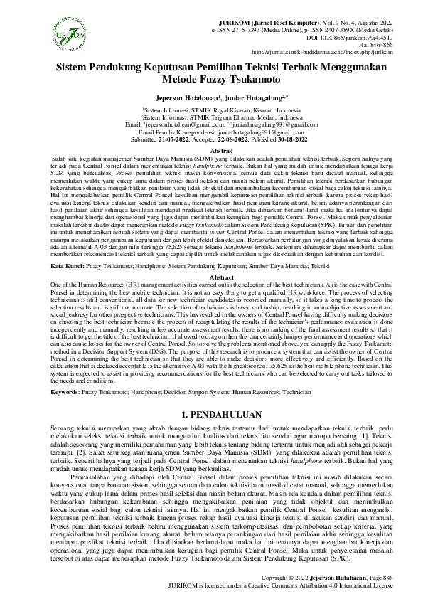 (PDF) Sistem Pendukung Keputusan Pemilihan Teknisi Terbaik Menggunakan Metode Fuzzy Tsukamoto