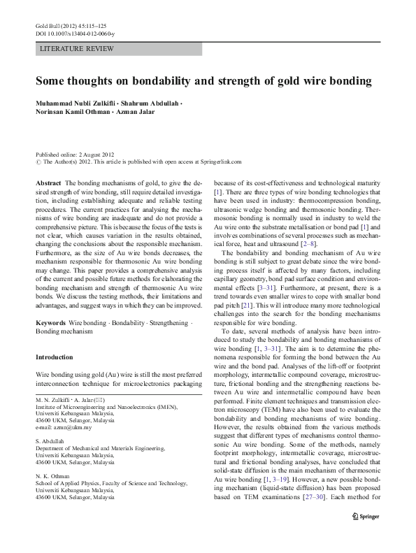 (PDF) Some thoughts on bondability and strength of gold wire bonding