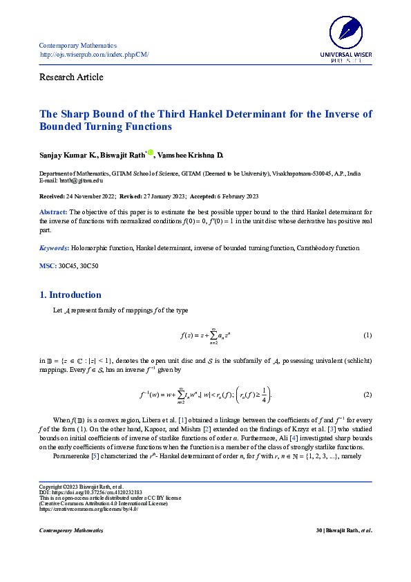 Pdf The Sharp Bound Of The Third Hankel Determinant For The Inverse Of Bounded Turning Functions