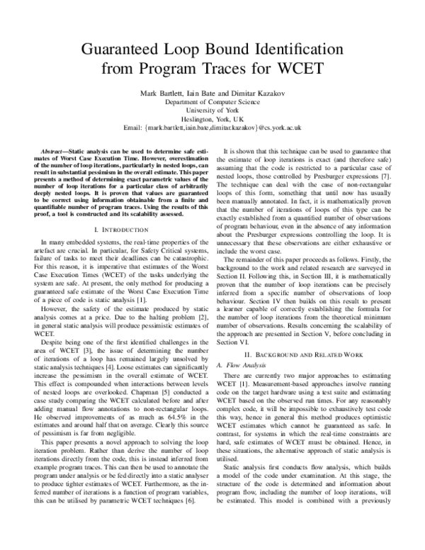 Pdf Guaranteed Loop Bound Identification From Program Traces For Wcet Dimitar Kazakov