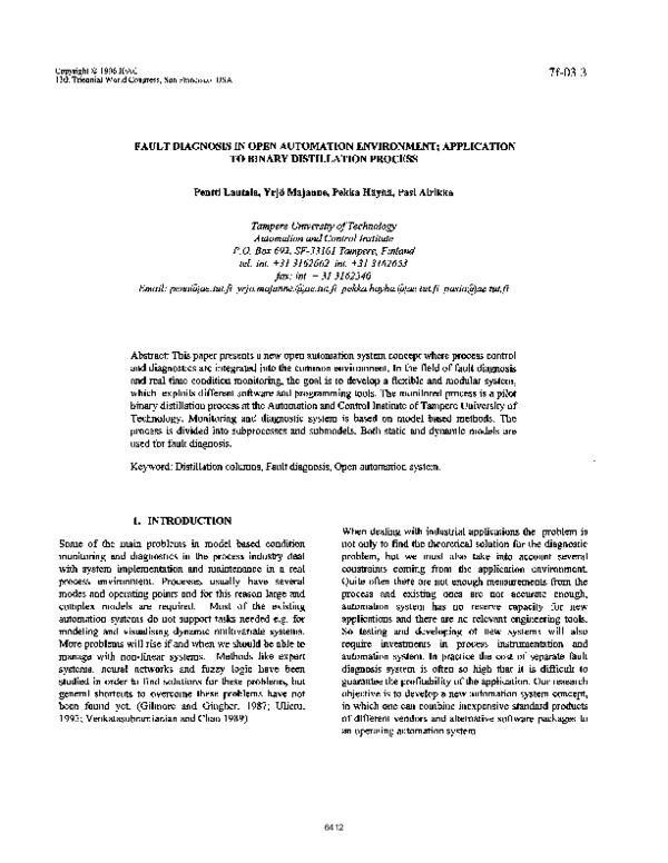 (PDF) Fault Diagnosis in Open Automation Environment; Application to Binary Distillation Process