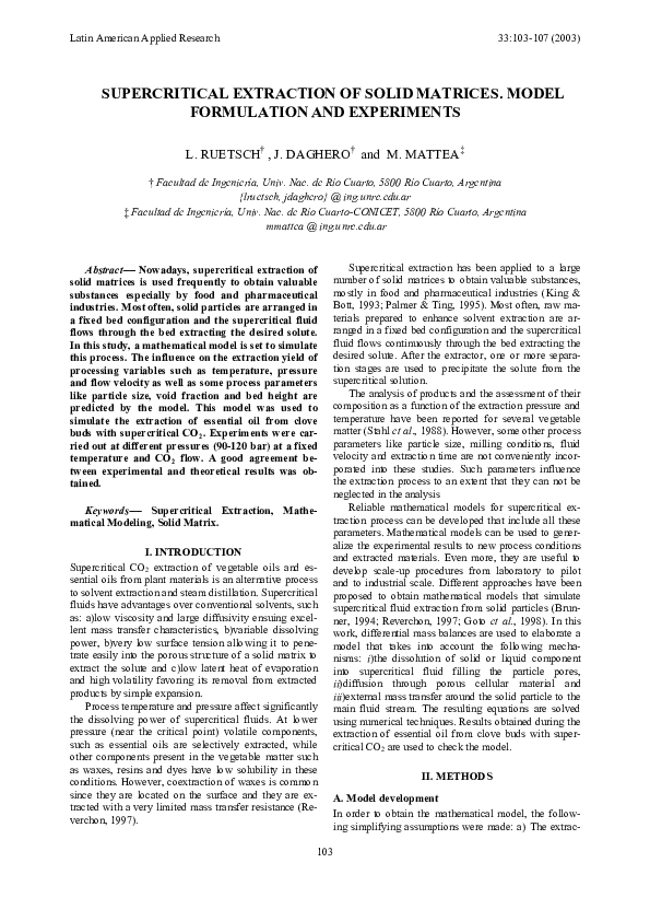 (PDF) Supercritical extraction of solid matrices. Model formulation and ...